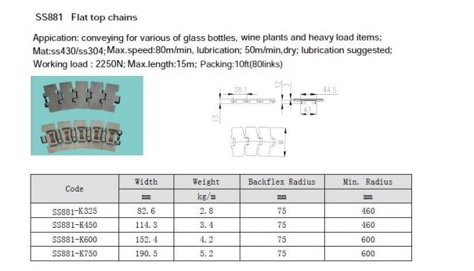 SS881 FLAT TOP SS CHAINS RADIUS CONVEYOR SLAT TOP STAINLESS STEEL CHAINS FOR FOOD BEVERAGE LINES